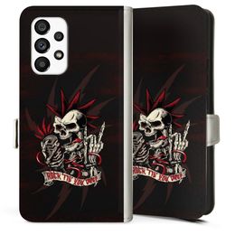 DeinDesign Galaxy A53 5G Handy Klapph&uuml;lle Handyh&uuml;lle aus Kunst Leder wei&szlig; Flip Case Rock Totenkopf Music Sideflip mit Lasche