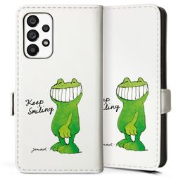 DeinDesign Galaxy A53 5G Handy Klapph&uuml;lle Handyh&uuml;lle aus Kunst Leder wei&szlig; Flip Case Motivation Frog Janosch Sideflip mit Lasche