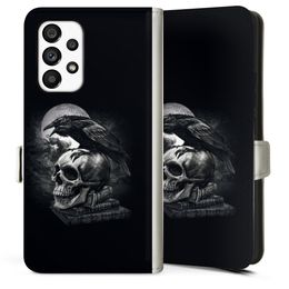 DeinDesign Galaxy A53 5G Handy Klapph&uuml;lle Handyh&uuml;lle aus Kunst Leder wei&szlig; Flip Case Skull Raven Skulls Sideflip mit Lasche