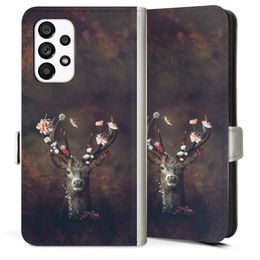 DeinDesign Galaxy A53 5G Handy Klapph&uuml;lle Handyh&uuml;lle aus Kunst Leder wei&szlig; Flip Case Flowers Reindeer Rehe Sideflip mit Lasche