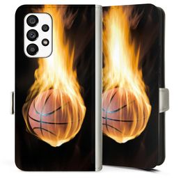 DeinDesign Galaxy A53 5G Handy Klapph&uuml;lle Handyh&uuml;lle aus Kunst Leder wei&szlig; Flip Case Fire Basketball Sports Sideflip mit Lasche