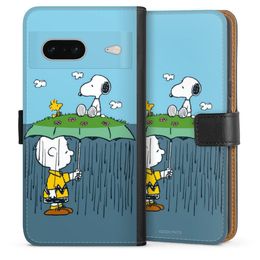 DeinDesign Google Pixel 7 Handy Klapph&uuml;lle Handyh&uuml;lle aus Kunst Leder schwarz Flip Case Peanuts Children Snoopy Sideflip mit langer Lasche
