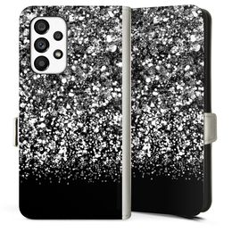 DeinDesign Galaxy A53 5G Handy Klapph&uuml;lle Handyh&uuml;lle aus Kunst Leder wei&szlig; Flip Case Glitzer Snowflake Muster Sideflip mit Lasche