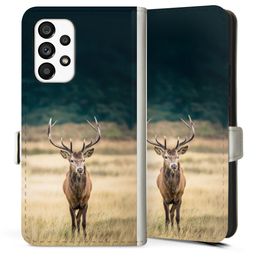 DeinDesign Galaxy A53 5G Handy Klapph&uuml;lle Handyh&uuml;lle aus Kunst Leder wei&szlig; Flip Case Forrest Meadow Deer Sideflip mit Lasche