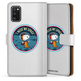 DeinDesign Galaxy A41 Handy Klapph&uuml;lle Handyh&uuml;lle aus Kunst Leder wei&szlig; Flip Case Peanuts Weltall Snoopy Sideflip mit Lasche