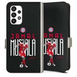 DeinDesign Galaxy A53 5G Handy Klapph&uuml;lle Handyh&uuml;lle aus Kunst Leder wei&szlig; Flip Case Official Licensed Product Jamal Musiala Fc Bayern M&uuml;nchen Sideflip mit Lasche