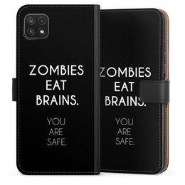 DeinDesign Galaxy A22 5G Handy Klapph&uuml;lle Handyh&uuml;lle aus Kunst Leder schwarz Flip Case Funny Zombie Statement Sideflip mit langer Lasche