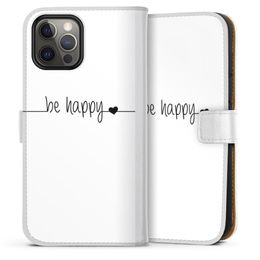 DeinDesign iPhone 12 Pro Max Handy Klapph&uuml;lle Handyh&uuml;lle aus Kunst Leder wei&szlig; Flip Case Statement Happiness Sayings Sideflip mit Lasche
