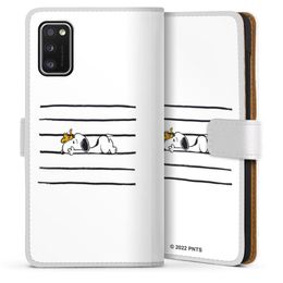 DeinDesign Galaxy A41 Handy Klapph&uuml;lle Handyh&uuml;lle aus Kunst Leder wei&szlig; Flip Case Snoopy Dog Peanuts Sideflip mit Lasche