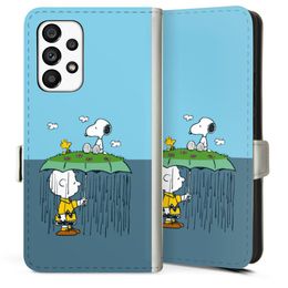 DeinDesign Galaxy A53 5G Handy Klapph&uuml;lle Handyh&uuml;lle aus Kunst Leder wei&szlig; Flip Case Children Snoopy Peanuts Sideflip mit Lasche