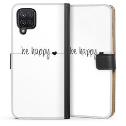 DeinDesign Galaxy A12 Handy Klapph&uuml;lle Handyh&uuml;lle aus Kunst Leder schwarz Flip Case Statement Happiness Sayings Sideflip mit langer Lasche
