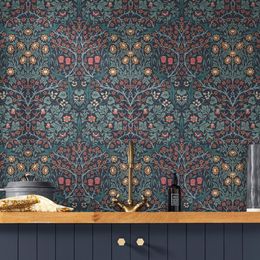 Vliestapete "Blackthorn", blau (blau1), B:10m L:2,5m, Vlies, WILLIAM MORRIS AT HOME, Tapeten, Designer Tapete, 10mx52cm (ca. 5m2)