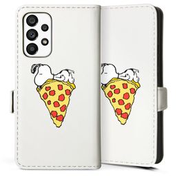 DeinDesign Galaxy A53 5G Handy Klapph&uuml;lle Handyh&uuml;lle aus Kunst Leder wei&szlig; Flip Case Peanuts Pizza Snoopy Sideflip mit Lasche