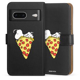 DeinDesign Google Pixel 7 Handy Klapph&uuml;lle Handyh&uuml;lle aus Kunst Leder schwarz Flip Case Peanuts Pizza Snoopy Sideflip mit langer Lasche