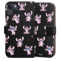 DeinDesign iPhone 14 Plus Handy Klapph&uuml;lle Handyh&uuml;lle aus Kunst Leder schwarz Flip Case Lilo & Stitch Angel Disney Sideflip mit langer Lasche