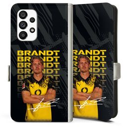DeinDesign Galaxy A53 5G Handy Klapph&uuml;lle Handyh&uuml;lle aus Kunst Leder wei&szlig; Flip Case Borussia Dortmund Bvb Julian Brandt Sideflip mit Lasche