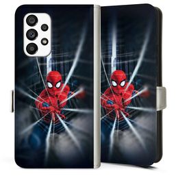 DeinDesign Galaxy A53 5G Handy Klapph&uuml;lle Handyh&uuml;lle aus Kunst Leder wei&szlig; Flip Case Spiderman Marvel Kinofilm Sideflip mit Lasche