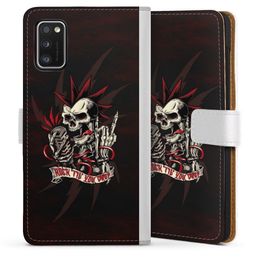 DeinDesign Galaxy A41 Handy Klapph&uuml;lle Handyh&uuml;lle aus Kunst Leder wei&szlig; Flip Case Rock Totenkopf Music Sideflip mit Lasche