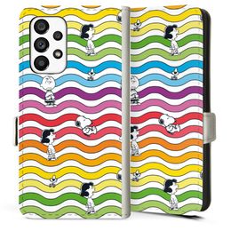 DeinDesign Galaxy A53 5G Handy Klapph&uuml;lle Handyh&uuml;lle aus Kunst Leder wei&szlig; Flip Case Snoopy Muster Peanuts Sideflip mit Lasche
