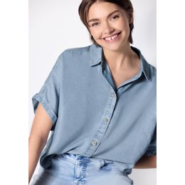 Kurzarmbluse STREET ONE STUDIO, Damen, Gr. 38, light blau soft washed, Stoff, 100% Lyocell, unifarben, normal normal, V-Ausschnitt, B&uuml;ndchen, Blusen, mit Knopfleiste