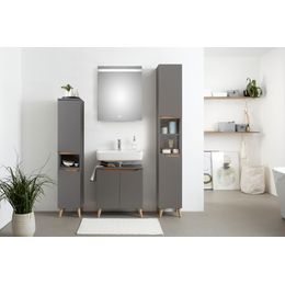 Badm&ouml;bel-Set SAPHIR "Quickset 5-teilig, Waschbeckenunterschrank mit LED-Spiegel", grau (quarzgrau matt touch, quarzgrau matt, akzent riviera eiche quer nb), Kastenm&ouml;bel-Sets, Badm&ouml;bel-Set, Hochschrank, Unterschrank, H&auml;ngeschrank, inkl. T&uuml;rd&auml;mpfer, 6 T&uuml;ren