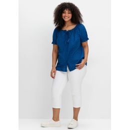 Kurzarmbluse sheego by Joe Browns, Damen, Gr. 46, blau (blaubeere), 100% Baumwolle, unifarben, Carmenausschnitt, Blusen