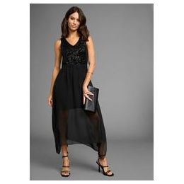 Abendkleid Laura Scott, Damen, Gr. 34, N-Gr, schwarz, Chiffon, Obermaterial: 95% Polyester, 5% Elasthan. Rock: 100% Polyester, unifarben, figurbetont ca. Mitte Wade, V-Ausschnitt, Kleider Abendkleid, mit Pailletten im Oberteil, Cocktailkleid