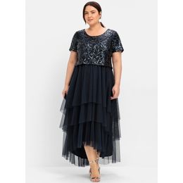 Abendkleid sheego "Abendkleid", Damen, Gr. 40, Normalgr&ouml;&szlig;en, blau (nachtblau), 100% Polyester, unifarben, lang, Rundhals, Kleider Abendkleid