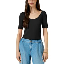 Rundhalsshirt QS, Damen, Gr. M (38), schwarz, Jersey, Obermaterial: 93% Baumwolle, 7% Elasthan, unifarben, k&ouml;rpernah h&uuml;ftbedeckend, tiefer Rundhals, abgesteppte Kante, Shirts Rundhalsshirt, Sommershirt mit weitem Rundhals vorn und hinten