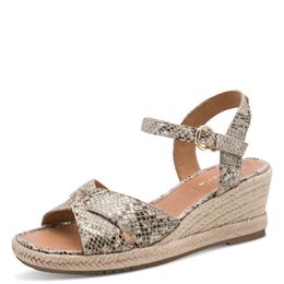 Tamaris Damen Keilsandalette, Gr. 36beige snake, Textil, Schlangenoptik, Veloursleder, Schuhe, Riemchensandale, Sommerschuh mit modischer Kreuzbandage