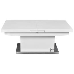 CARRYHOME Couchtisch, Wei&szlig;, Metall, Glas, Holzwerkstoff, rechteckig, Bodenplatte, 70x50-78x125-150 cm, ausziehbar, h&ouml;henverstellbar, Wohnzimmer, Wohnzimmertische, Couchtische, Couchtische Glas