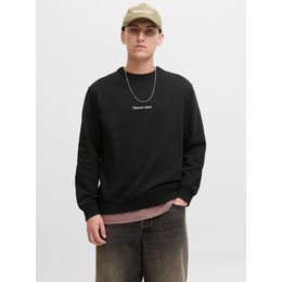 Jack & Jones Sweatshirt JACK & JONES "JORNORREBRO EMB SWEAT CREW NOOS", Herren, Gr. L, schwarz, angeraute Sweatware, Obermaterial: 89% Baumwolle, 11% Polyester, bedruckt, relaxed fit normal, Rundhals, Rippb&uuml;ndchen, Sweatshirts Sweatshirt, mit Logo Print