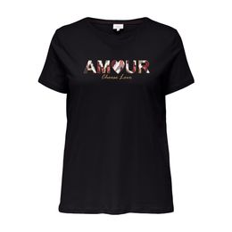 Kurzarmshirt Only CARMAKOMA "CARBOOSTERY LIFE SS REG TEE JRS BS", Damen, Gr. L, schwarz print:mikasi, Jersey, Obermaterial: 100% Baumwolle, bedruckt, regular fit Po-bedeckend, Rundhals, Shirts
