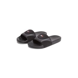 Pantolette Tommy Jeans "Tommy Jeans SEASONAL POOL SLIDE", Herren, Gr. 42, schwarz, Textil, Schuhe Pantolette, Poolslides, Sommerschuh, Schlupfschuh mit Kontrastbes&auml;tzen