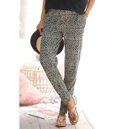 Strandhose s.Oliver, Damen, Gr. 34, N-Gr, beige (schwarz, creme, bedruckt), Jersey, Obermaterial: 100% Viskose, figurumspielend lang, Hosen Strandhose, mit Alloverdruck und Taschen, leichte Sommerhose, Jerseyhose, casual