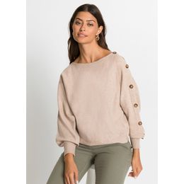 Strickpullover bonprix "Pullover", Damen, Gr. 36/38 (S), beige (mandelbeige meliert), Strick, Obermaterial: 88% Polyester, 12% Polyamid, meliert, unifarben, bequem taillenbedeckt, U-Boot-Ausschnitt, Fledermaus&auml;rmel Strickb&uuml;ndchen, Pullover Strickpullover, in bequemer Boxy-Passform, mit Fledermaus&auml;rmeln, Zierkn&ouml;pfe