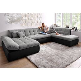 Wohnlandschaft DOMO collection "Moric U-Form, auch in Cord, Breite 353cm, viel Platz", grau (schwarz, wei&szlig;, grau), B:353cm H:80cm T:95cm, Microfaser PRIMABELLE / Struktur (90% Polyester/ 10% Polyacryl);Kunstleder SOFTLUX / Struktur (90% Polyester/ 10% Polyacryl), Sofas, Wohnlandschaft, im XXL-Format, wahlweise mit Bettfunktion und Armlehnenverstellung, Topseller