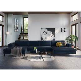 Wohnlandschaft DOMO collection "Modica U-Form aktuelles, kubisches Design mit 2 Recamieren, viel Platz", blau, B:438cm H:83cm T:173cm, Sofas, Wohnlandschaft, XXL, auch in Cord, Fu&szlig;h&ouml;he passend f&uuml;r g&auml;ngige Saugroboter