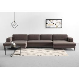 Wohnlandschaft DOMO collection "Modica U-Form aktuelles, kubisches Design mit 2 Recamieren, viel Platz", grau (taupe), B:438cm H:83cm T:173cm, Sofas, Wohnlandschaft, XXL, auch in Cord, Fu&szlig;h&ouml;he passend f&uuml;r g&auml;ngige Saugroboter