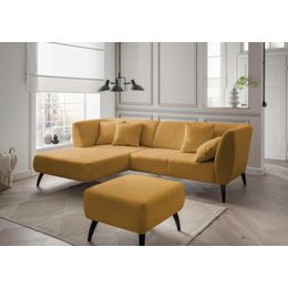 Ecksofa Home Affaire "Lazio modern und bequem, schmale Armlehnen, tolle Detailverarbeitung", gold, B:264cm H:80cm T:160cm, 100% Polyester, Sofas, Ecksofa, Holzfu&szlig;farbe w&auml;hlbar, inkl. 4x Zierkissen