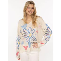 Langarmshirt Zwillingsherz "Crazy Flower", Damen, beige gelb, Web, Obermaterial: 80% Viskose, 15% Polyester, 5% Elasthan, bedruckt, mehrfarbig, figurumspielend h&uuml;ftbedeckend, V-Ausschnitt, angeschnitten gerader Abschluss, Shirts Langarmshirt, Blumendesign, V-Neck, leichtes Material