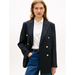 Kurzblazer Tommy Hilfiger "TIMELESS WOOL DB BLAZER", Damen, Gr. 42, schwarz night navy, Web, Obermaterial: 54% Polyester, 44% Wolle, 2% Elasthan, unifarben, bequem, V-Ausschnitt, Blazer Kurzblazer, mit doppelreihiger Knopfleiste