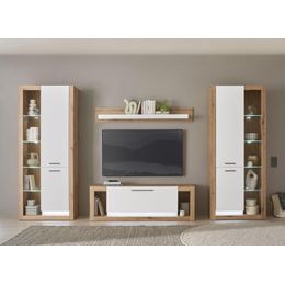 Wohnwand Home Affaire "Brixen, moderne Anbauwand, Wohnzimmer-Set, Eiche Evoke Dekor mit Wei&szlig;", wei&szlig; (eiche evoke, wei&szlig;), B:350cm H:195cm T:43cm, Holzwerkstoff, Kastenm&ouml;bel-Sets, Wohnwand, enth&auml;lt Stauraumelemente, Lowboard und Wandboard