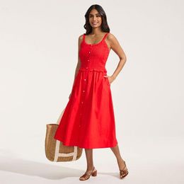 LANDS' END Soft Ease Midikleid mit Biesen aus Leinenmix, Damen,  Rot, Baumwolle/Leinen, by Lands' End