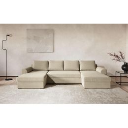 Wohnlandschaft COTTA "Drift U-Form Recamiere, Breite 327 cm", nata, B:327cm H:86cm T:154cm, 96% POLYESTER (PES) 4% POLYAMID(PA), Sofas, Wohnlandschaft, optional auch mit Schlaffunktion, Wellenunterfederung