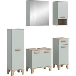 Badm&ouml;bel-Set Welltime "MINTTU, 5-teilige moderne Badkombination im SCANDI-Look", hellgr&uuml;n, eiche hell nachbildung, B:158cm H:190cm T:34cm, FSC-zertifizierter Holzwerkstoff, Spiegelglas, Kastenm&ouml;bel-Sets, Badm&ouml;bel-Set, Bad-Kombination, Bad-M&ouml;bel, Badezimmer, Kombination, Kombi, Bad-Set