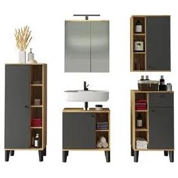 Badm&ouml;bel-Set Home Affaire "OSLO, Bad im skandinavischen Design, 5-teiliges Badezimmer", grau (eiche evoke, grau), B:182cm H:200cm T:33cm, Holzwerkstoff, Kastenm&ouml;bel-Sets, Badm&ouml;bel-Set, Badschr&auml;nke und Spiegel, in zwei Farben verf&uuml;gbar, viel Stauraum