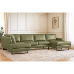 Wohnlandschaft Home Affaire "Pinto, 350 cm, U-Form, XXL, mit Ottomanen", gr&uuml;n, B:350cm H:85cm T:206cm, Luxus-Microfaser in Lederoptik (100% Polyester);Cord (92% Polyester, 8% Polyamide), Sofas, Wohnlandschaft, Cord, Chenille, Lederoptik, mit Keder, Metallf&uuml;&szlig;e, Wellenunterfederung