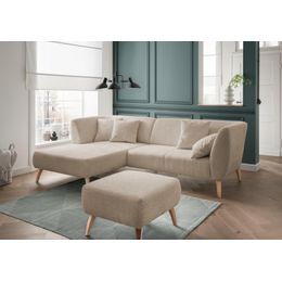 Ecksofa Home Affaire "Lazio modern und bequem, schmale Armlehnen, tolle Detailverarbeitung", beige, B:264cm H:80cm T:160cm, 100% Polyester, Sofas, Ecksofa, Holzfu&szlig;farbe w&auml;hlbar, inkl. 4x Zierkissen