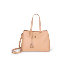 Schultertasche U.S. Polo Assn. "JONES DOUBLE HANDLE BAG Damen", Damen, Gr. B/H/T: 13cm x 21cm onesize, beige (camel), Polyurethan, Taschen Schultertasche, Schultertasche Damen, Shopper, Handtasche, Fashion, Lifestyle, Sale